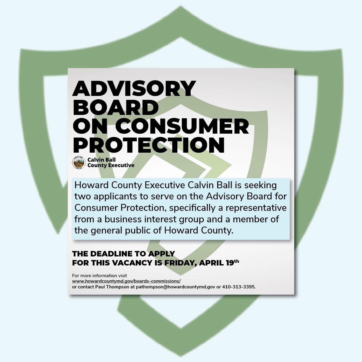 Howard County Executive Ball Seeks Two Members for Advisory Board on Consumer Protection ...